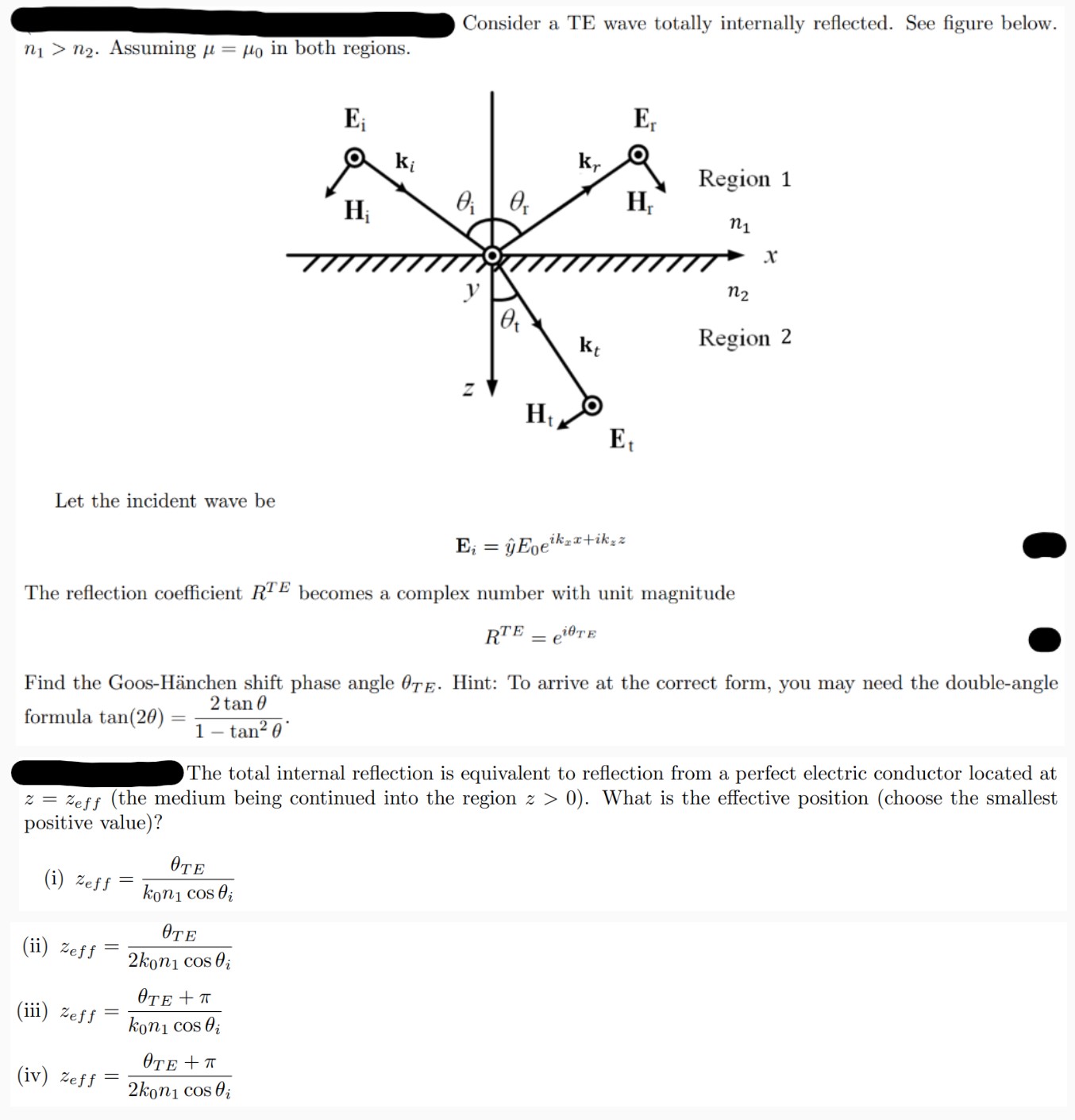 n1>n2. ﻿Assuming μ=μ0 ﻿in both regions.Consider a TE | Chegg.com
