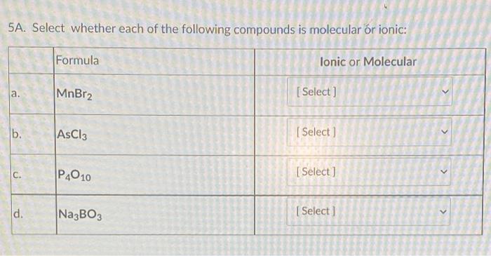 Solved 5A. Select whether each of the following compounds is | Chegg.com