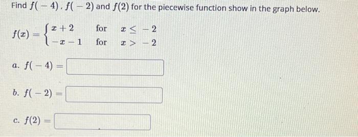 Solved Find f(−4),f(−2) and f(2) for the piecewise function | Chegg.com