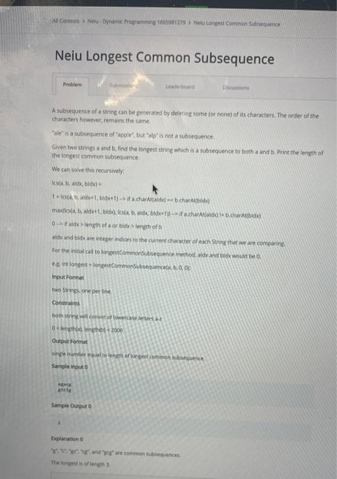 Solved Neiu Longest Common Subsequence A subnequence of a | Chegg.com