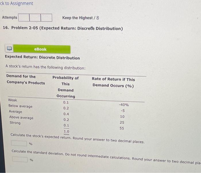 Solved 16. Problem 2-05 (Expected Return: Discrefe | Chegg.com