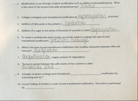 Solved -1. ﻿Modifications occur through covalent | Chegg.com