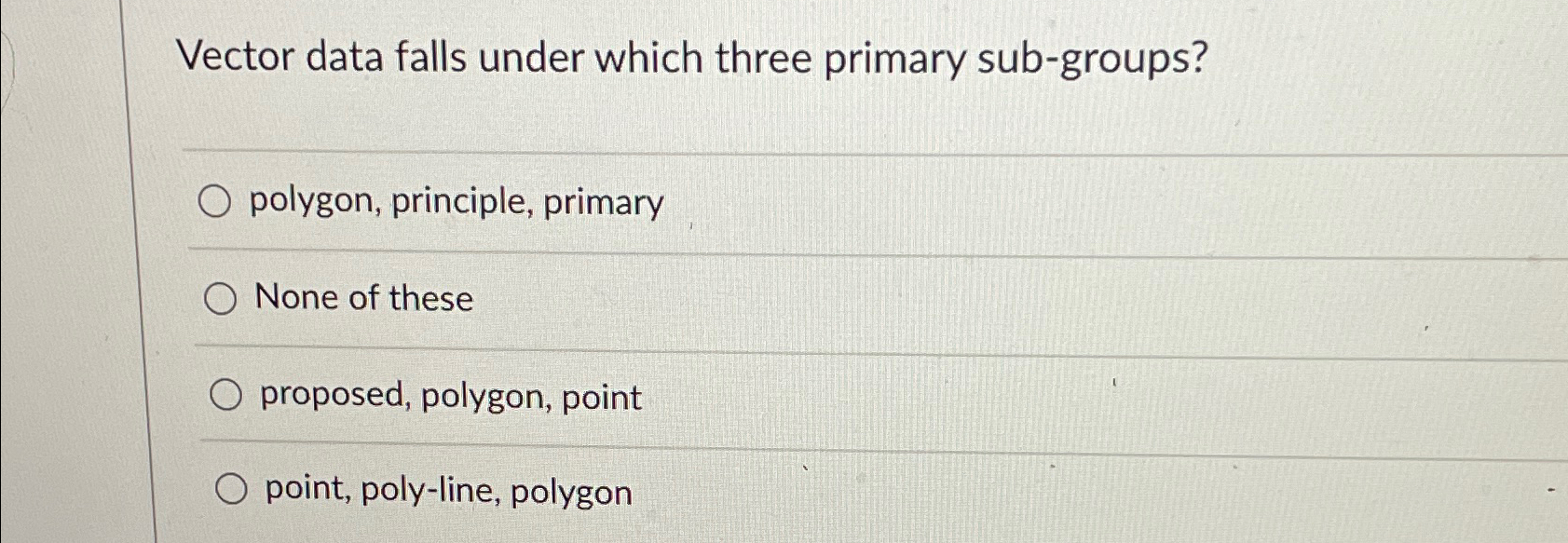 Solved Vector data falls under which three primary | Chegg.com