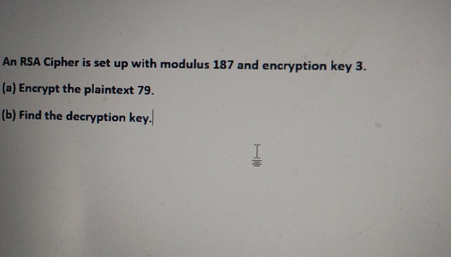 Solved An RSA Cipher is set up with modulus 187 and | Chegg.com