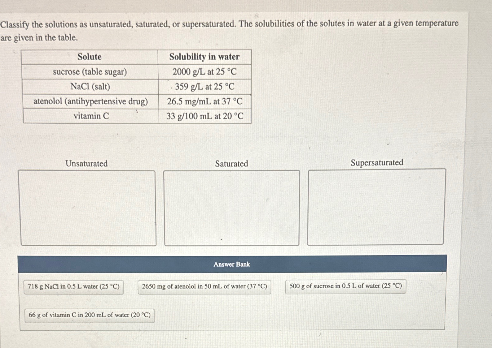 Solved Classify the solutions as unsaturated, saturated, or | Chegg.com