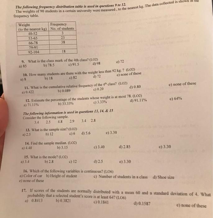 Solved The following frequency distribution table is used in | Chegg.com