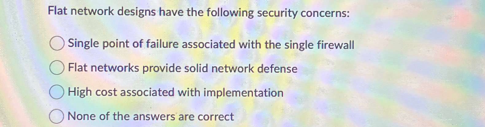 Solved Flat network designs have the following security | Chegg.com