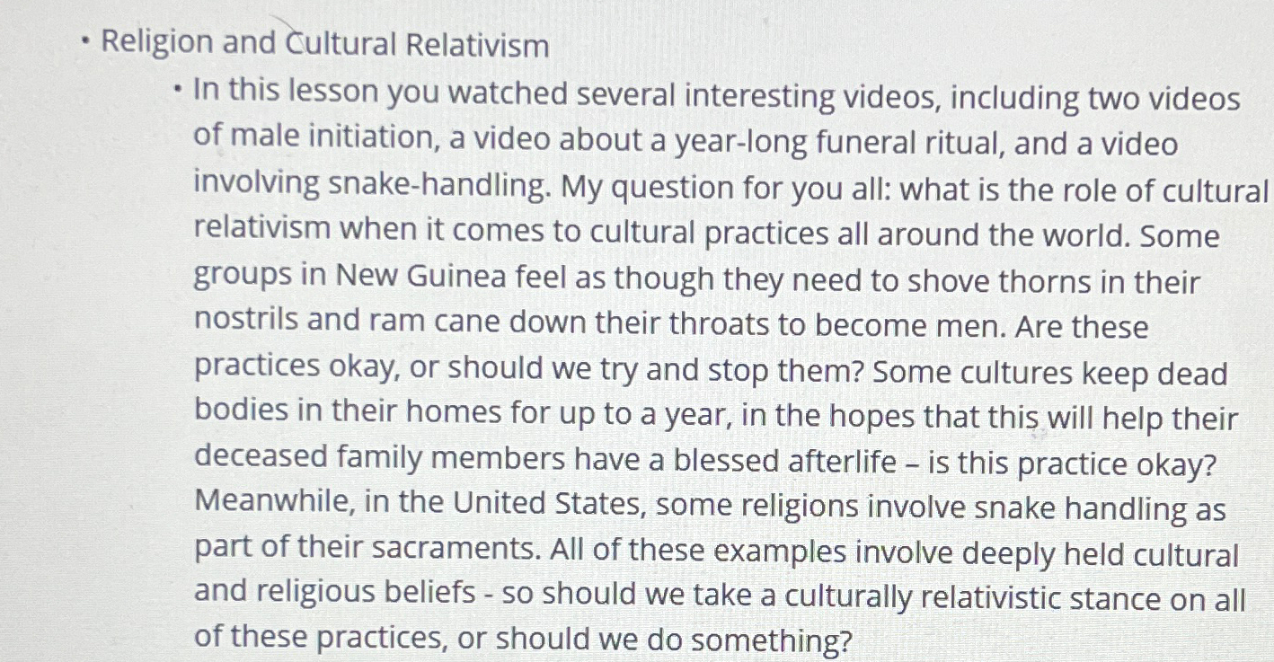 Solved Religion and Cultural RelativismIn this lesson you | Chegg.com