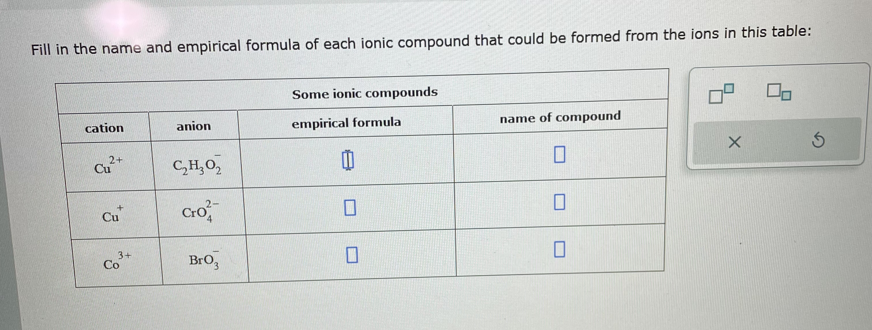 Solved Fill in the name and empirical formula of each ionic | Chegg.com