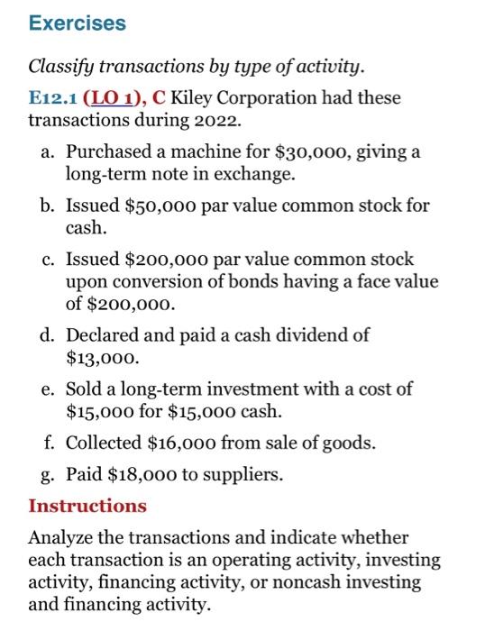 Solved Exercises Classify transactions by type of activity. | Chegg.com