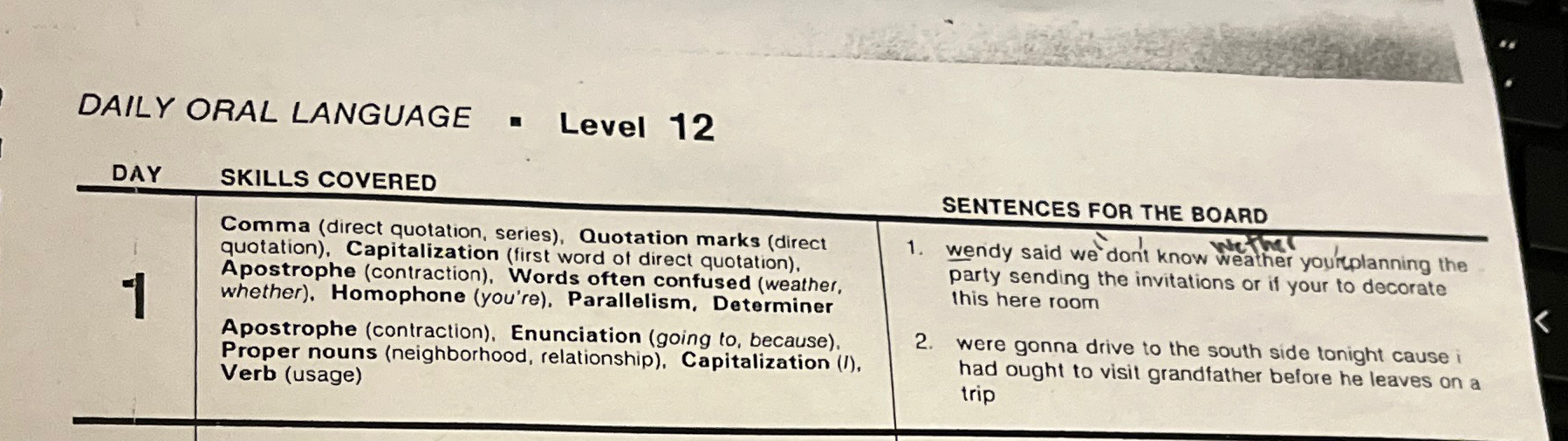 Solved DAILY ORAL LANGUAGELevel 12DAY SKILLS | Chegg.com