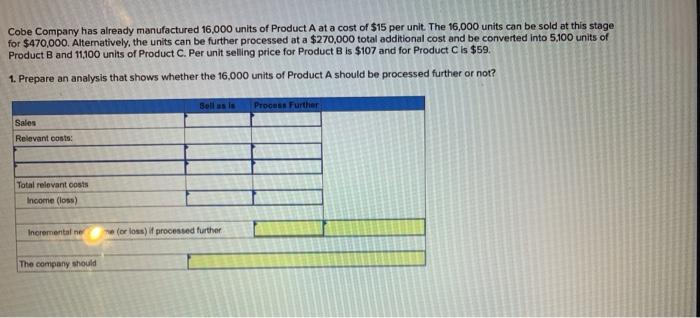 Solved Cobe Company has already manufactured 16,000 units of | Chegg.com