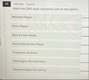 Solved Matching 3 ﻿pointsMatch the DNA repair mechanism with | Chegg.com