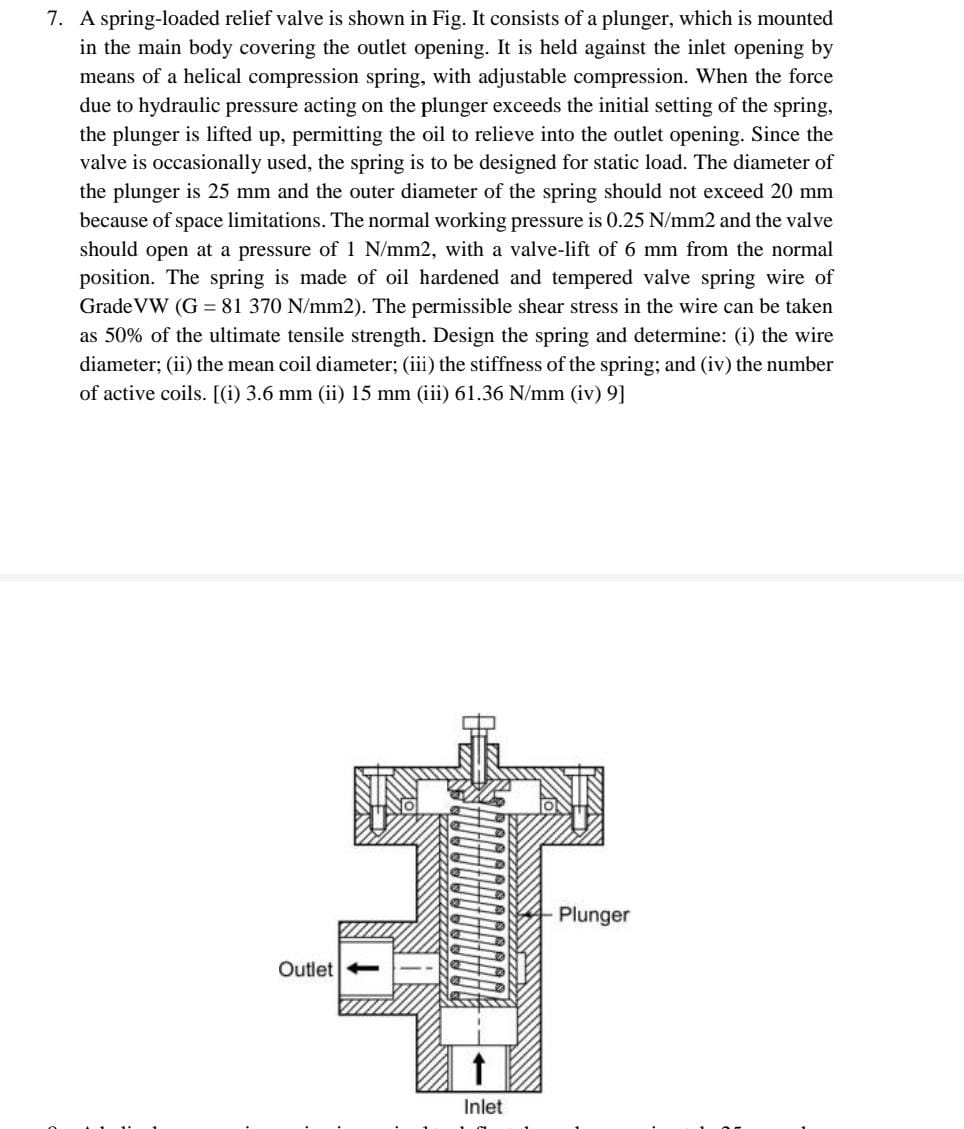 Solved 7. ﻿A spring-loaded relief valve is shown in Fig. It | Chegg.com