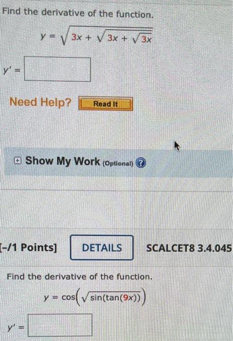 Solved Find the derivative of the function. 3x + 3x + √3x | Chegg.com