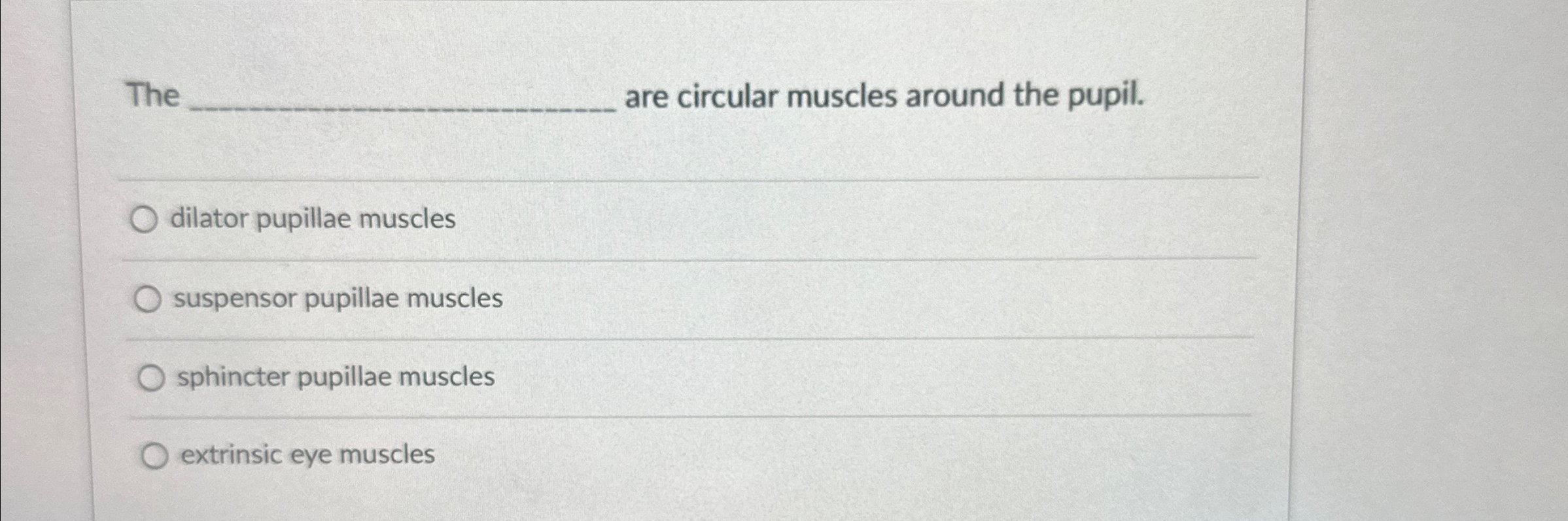 Solved The ﻿are circular muscles around the pupil.dilator | Chegg.com