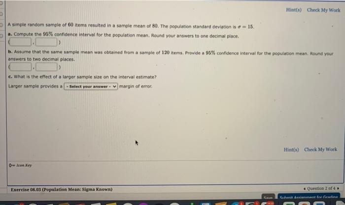 Solved Hint(s) Check My Work A simple random sample of 60 | Chegg.com