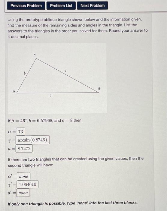 Solved Using the prototype oblique triangle shown below and | Chegg.com