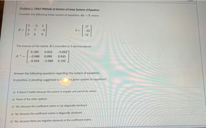 Solved Problem 1. Direct Methods of Solution of Linear | Chegg.com