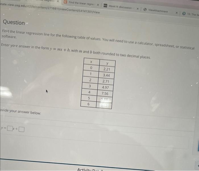 Solved Find the linear regression line for the following | Chegg.com