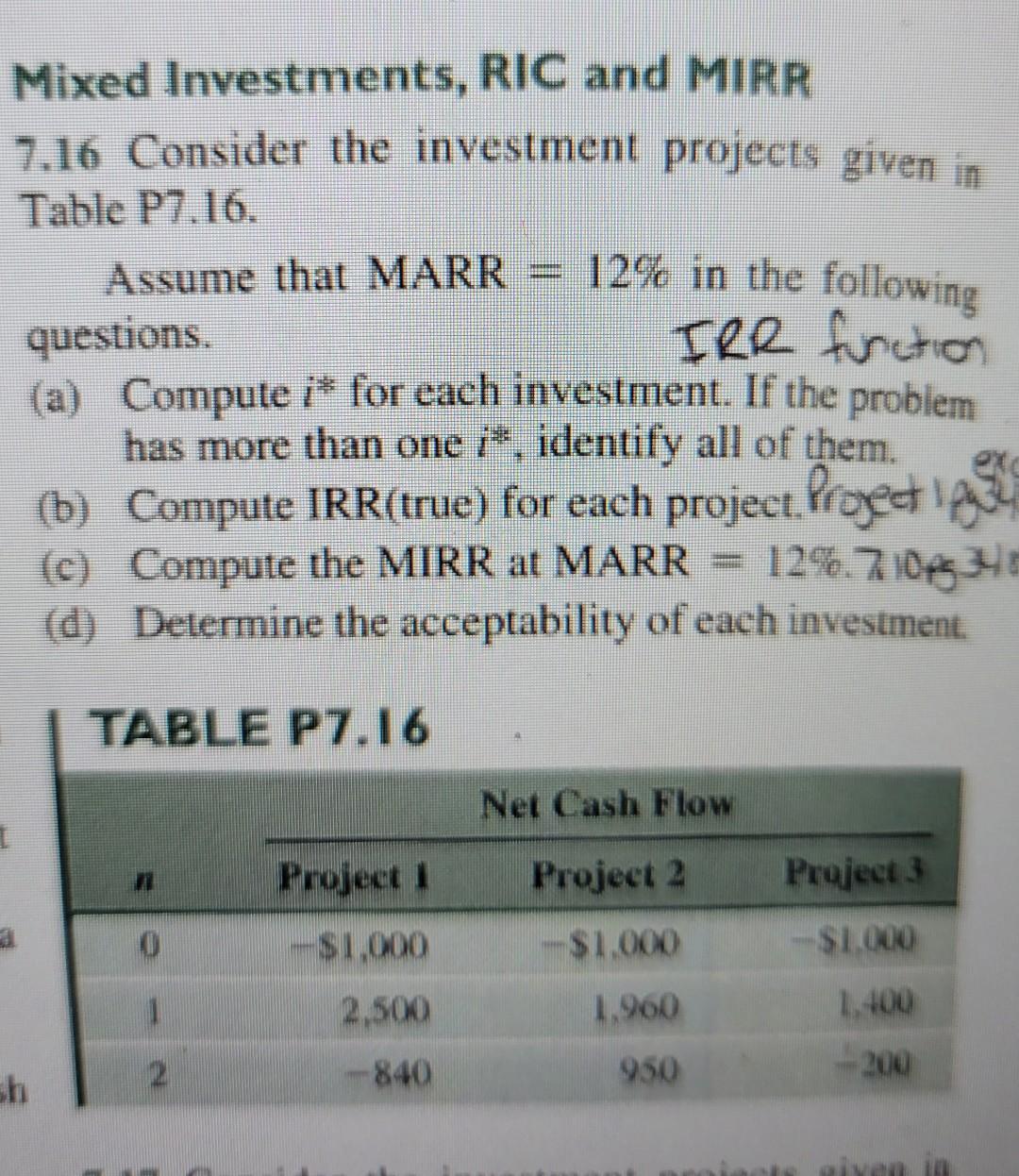 Solved Mixed Investments, RIC and MIRR 7.16 Consider the | Chegg.com