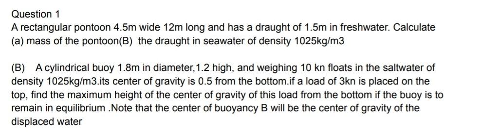 Solved Question 1 A rectangular pontoon 4.5m wide 12m long | Chegg.com