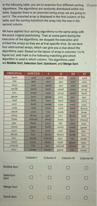 Solved In the following table, you are to examine four | Chegg.com