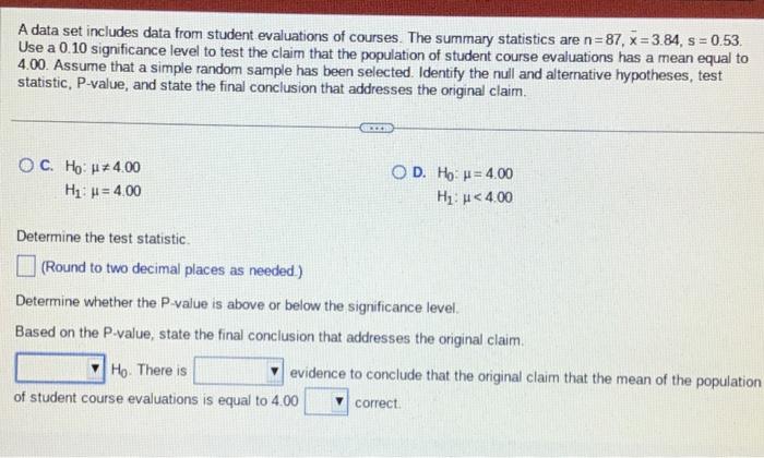 Solved A data set includes data from student evaluations of | Chegg.com