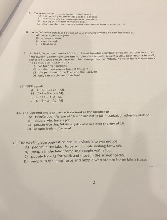 Solved 2 The word "nar in the definition of GDP refers to A) | Chegg.com