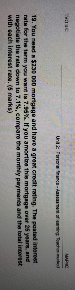 Solved TVO ILC MAP4C Unit 2: Personal finance - Assessment | Chegg.com