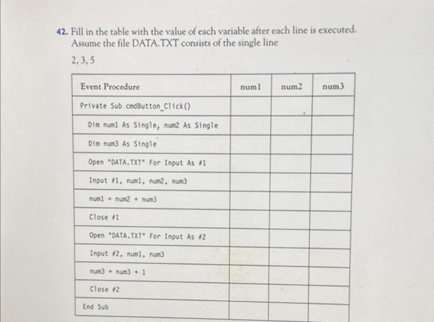 Solved Fill in the table with the value of each variable | Chegg.com