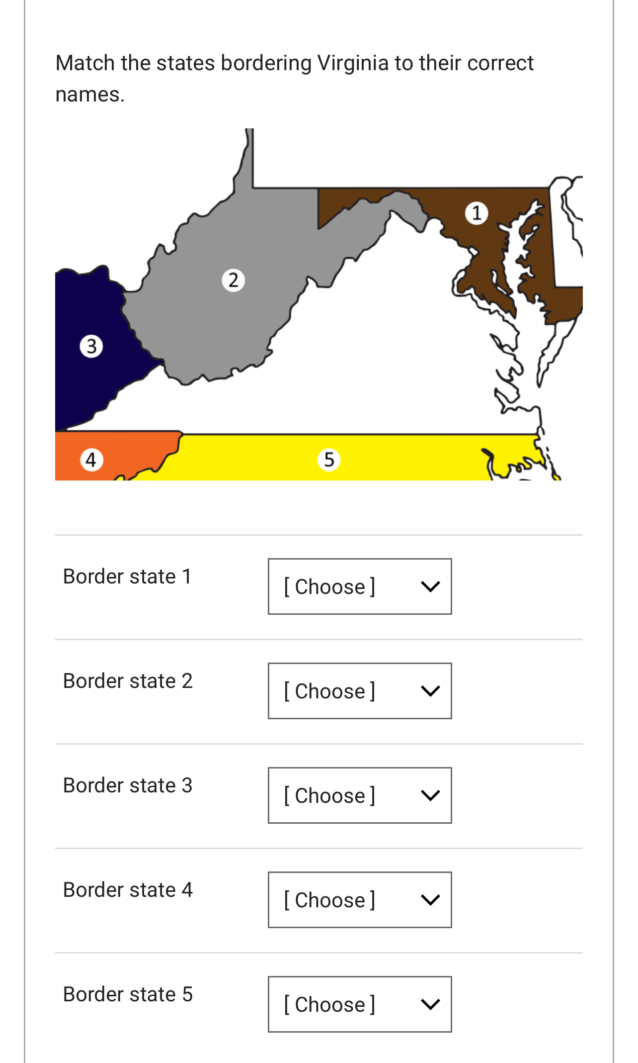 Match the states bordering Virginia to their correct | Chegg.com