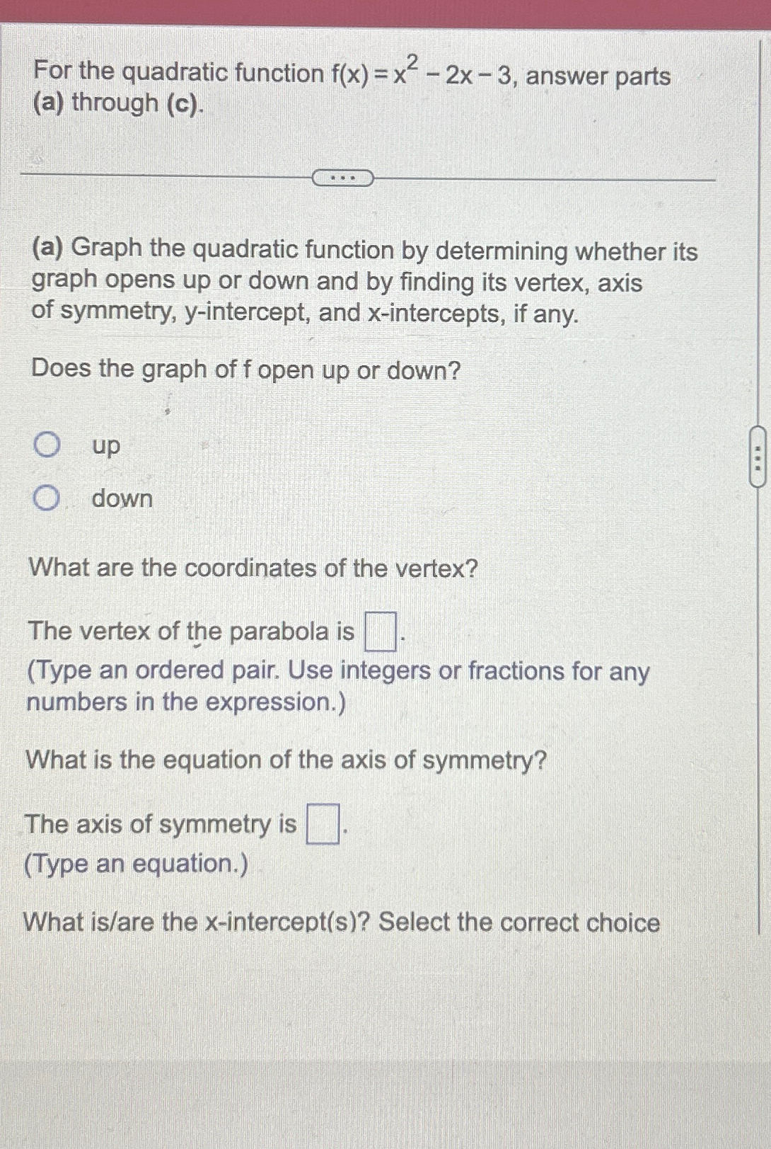 Solved For the quadratic function f(x)=x2-2x-3, ﻿answer | Chegg.com