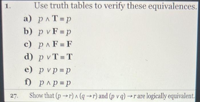 Solved Use truth tables to verify these equivalences. a) | Chegg.com
