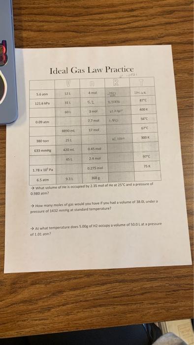5.6 atm Ideal Gas Law Practice R 121.6 kPa 0.09 atm | Chegg.com