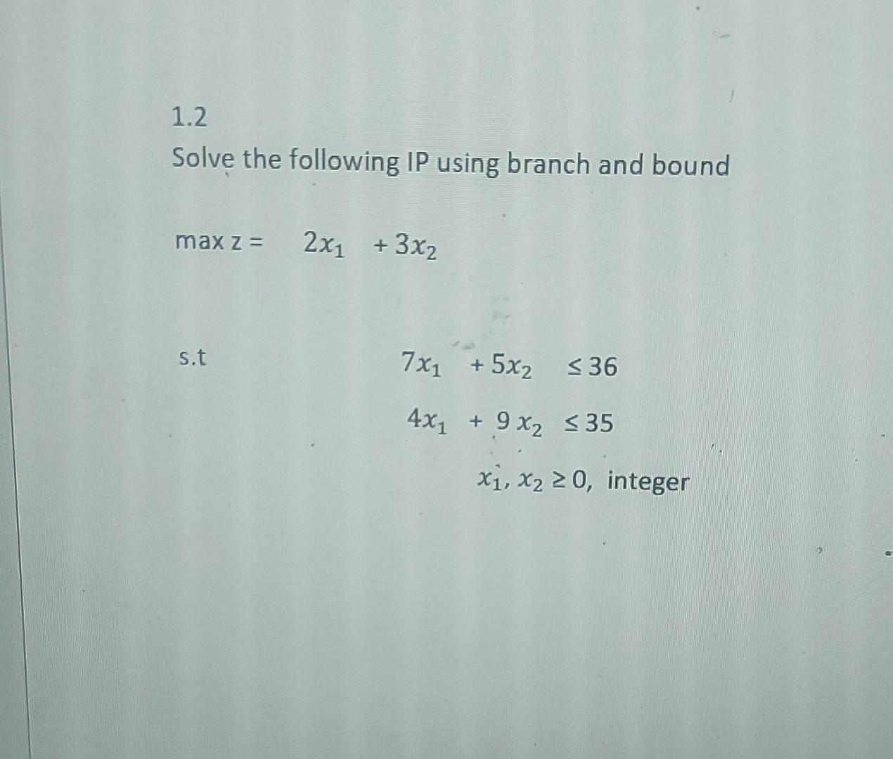 Solved 1.2 Solve the following IP using branch and bound | Chegg.com