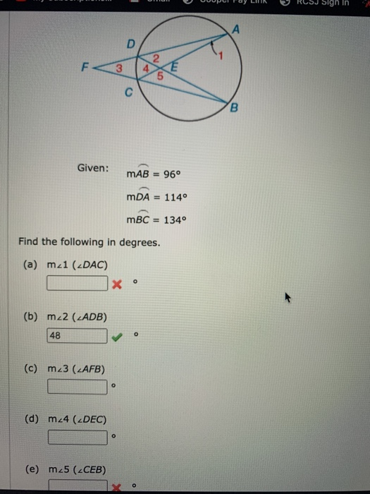Solved Sign In А D 2 3 4 E 5 С B Given: MAB = 96° mDA = 1140 | Chegg.com