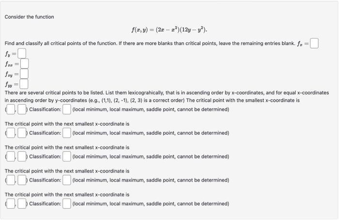 Solved Consider the function f(x,y)=(2x−x2)(12y−y2) Find and | Chegg.com
