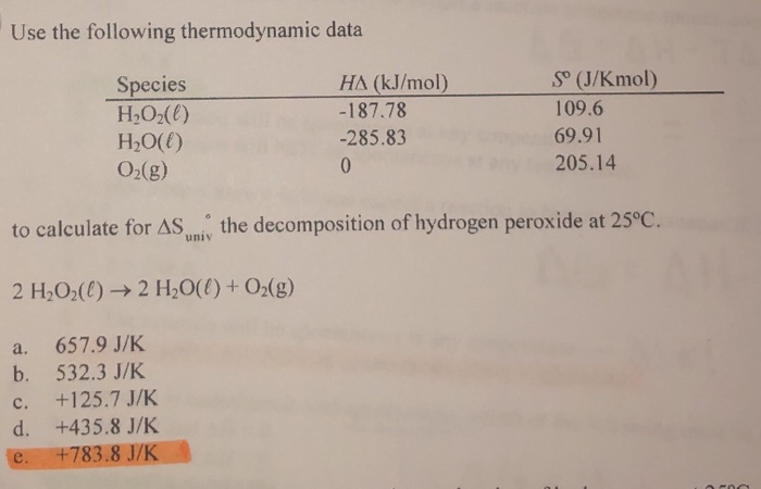 Solved Use the following thermodynamic data Species H2O2(0) | Chegg.com