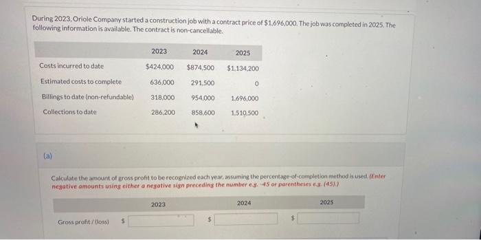 Solved During 2023, Oriole Company started a construction | Chegg.com