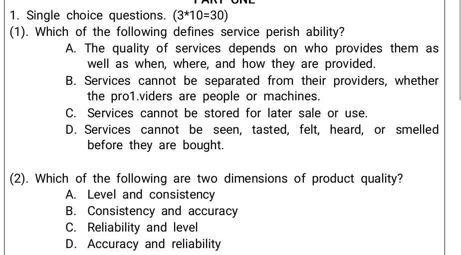 Solved 1. Single choice questions. (3*10=30) (1). Which of | Chegg.com