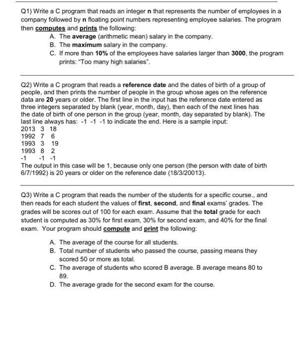 Solved Q1) Write a C program that reads an integer n that | Chegg.com