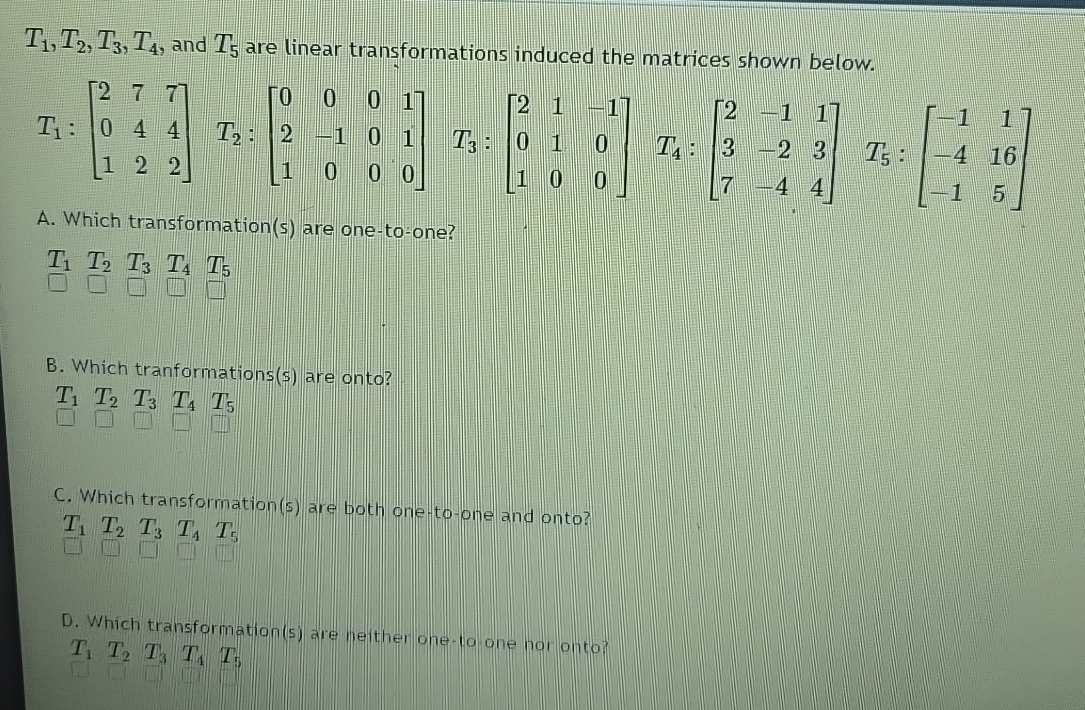 Solved T1,T2,T3,T4, ﻿and T5 ﻿are linear transformations | Chegg.com