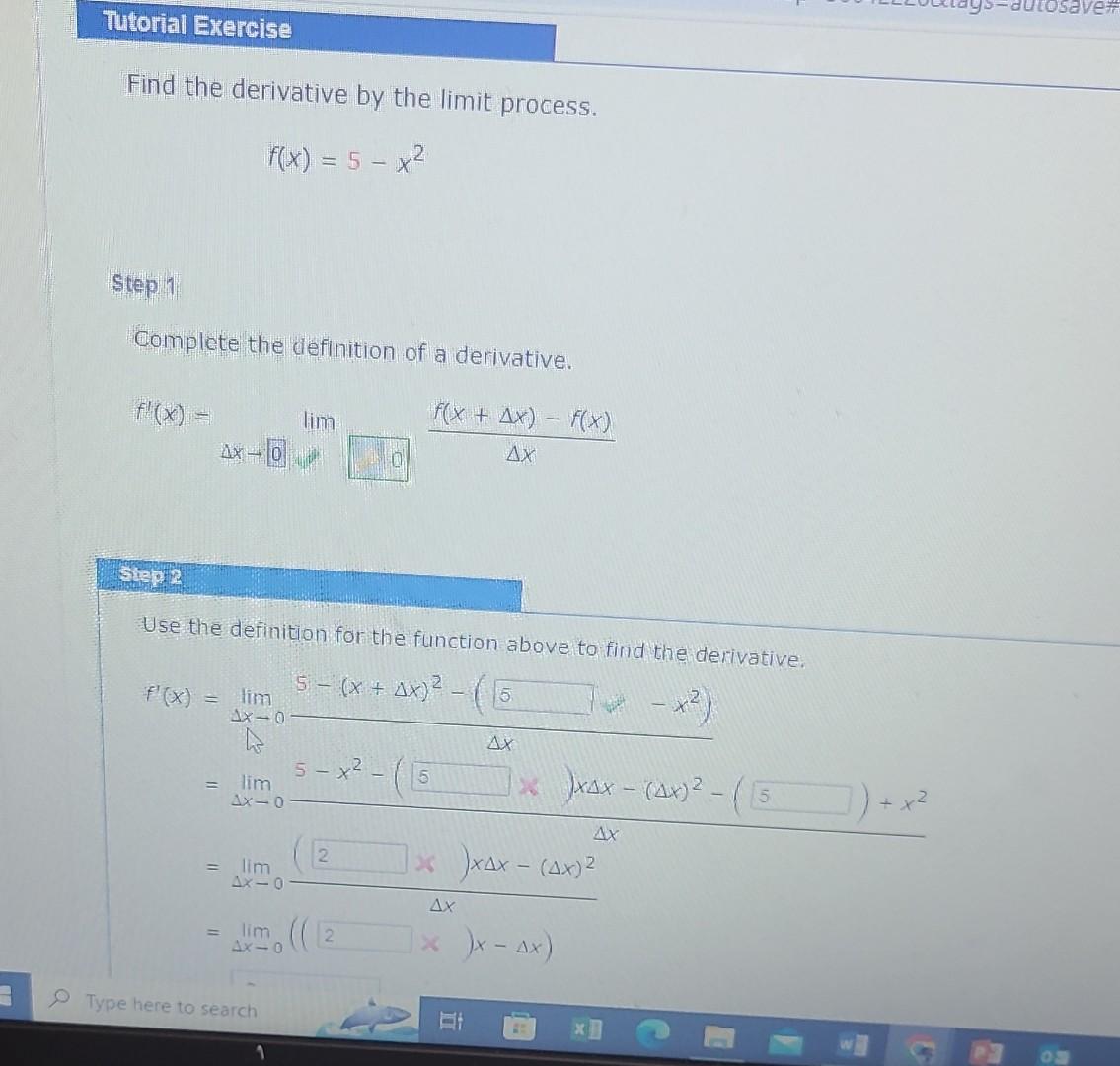 Solved Find the derivative by the limit process. f(x)=5−x2 | Chegg.com