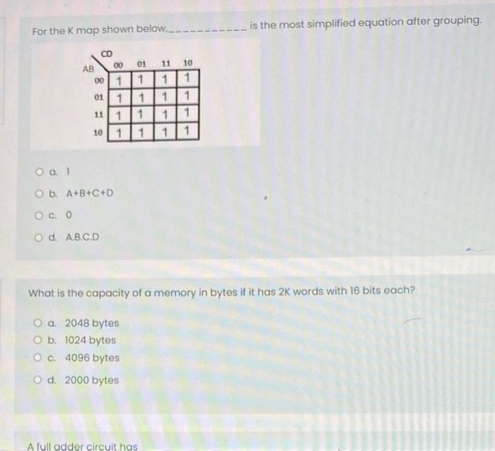 Solved For the k map shown below, is the most simplified | Chegg.com