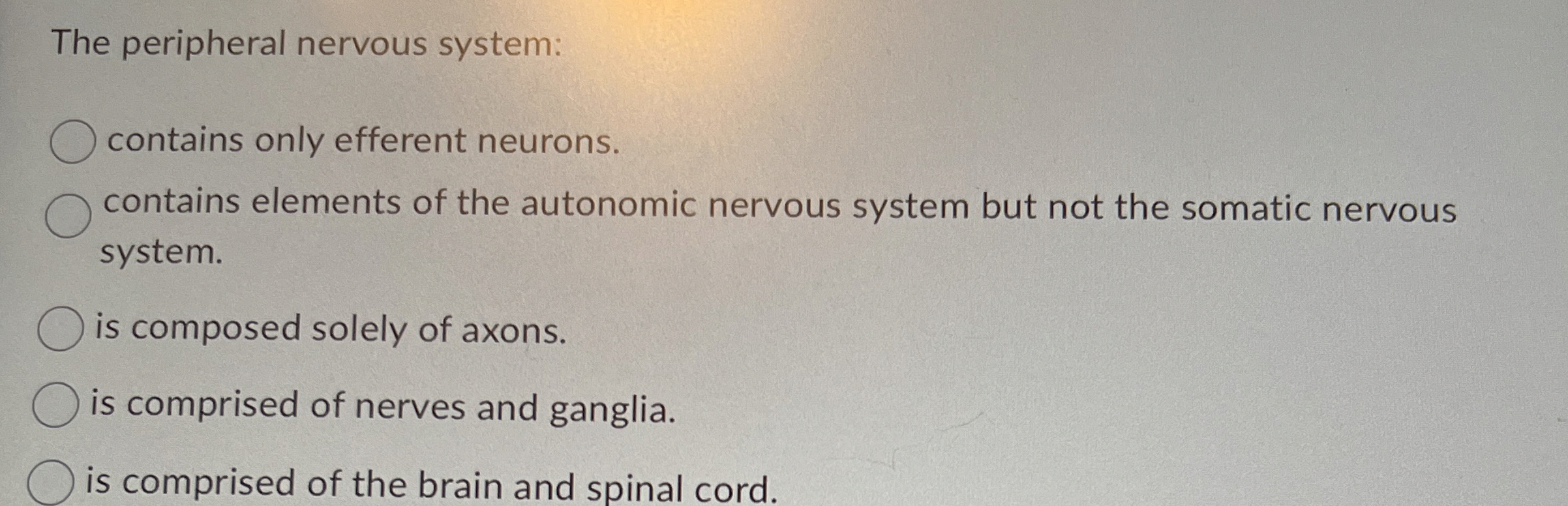 Solved The peripheral nervous system:contains only efferent | Chegg.com