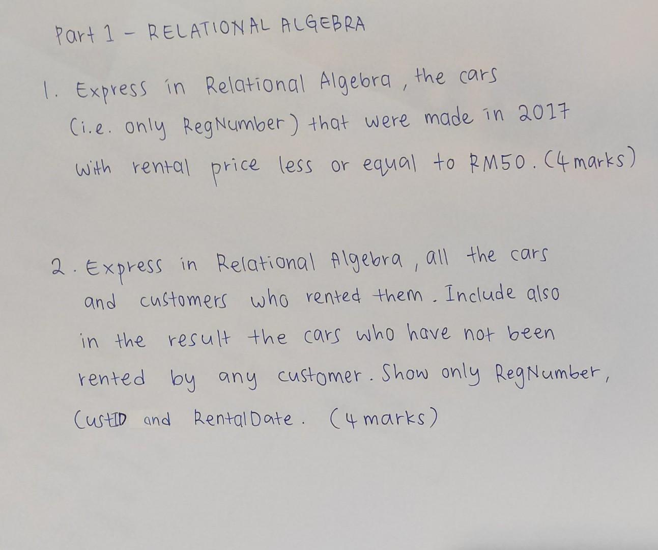 Solved APPENDIX CAR RENTAL DATABASE AU questions are based | Chegg.com