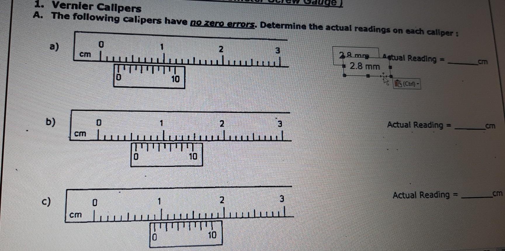 Solved 1. Vernier Calipers A. The following calipers have no | Chegg.com