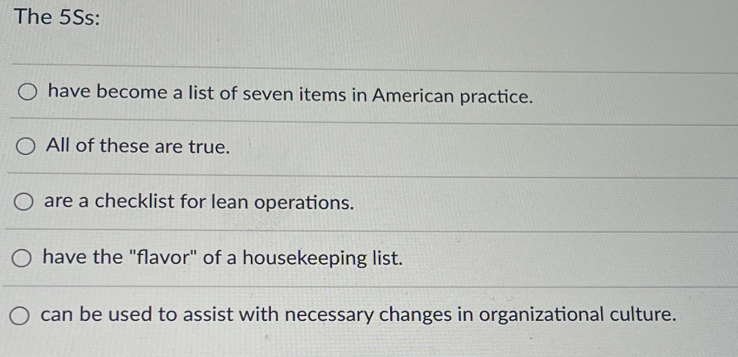 Solved The 5 ﻿Ss:have become a list of seven items in | Chegg.com