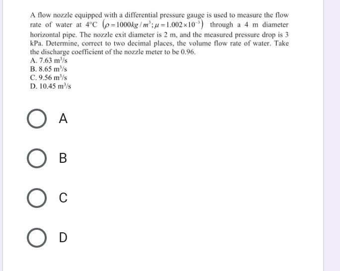 Solved A flow nozzle equipped with a differential pressure | Chegg.com